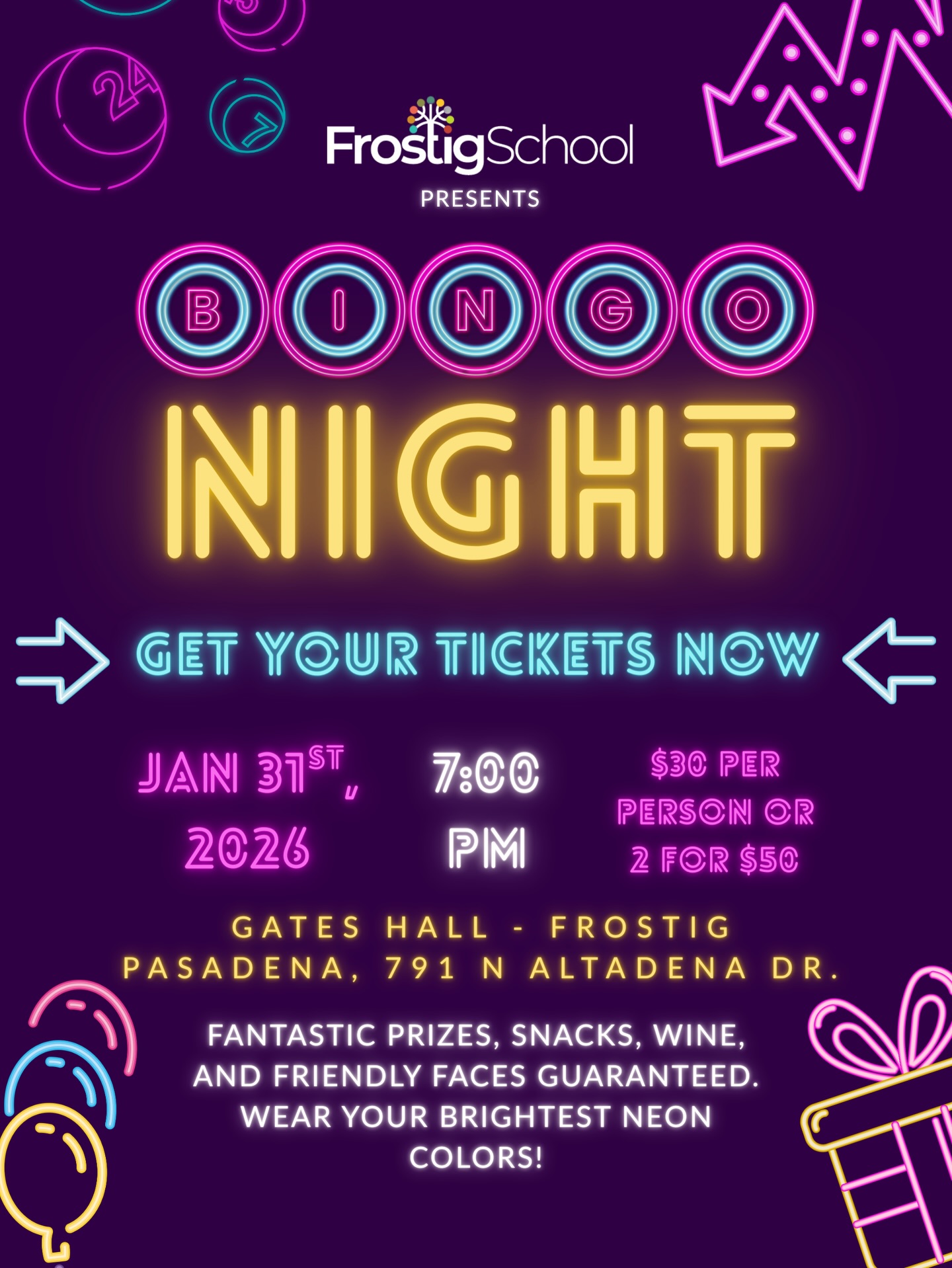 Neon Nights & Lucky Lights: Frostig School Bingo Night - Pasadena Schools